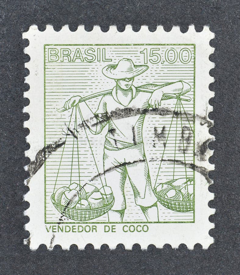 Cancelled Postage Stamp Printed by Brazil, that Shows Coconut Vendor ...