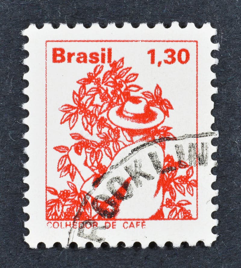 Cancelled Postage Stamp Printed by Brazil, that Shows Coffee Harvester ...