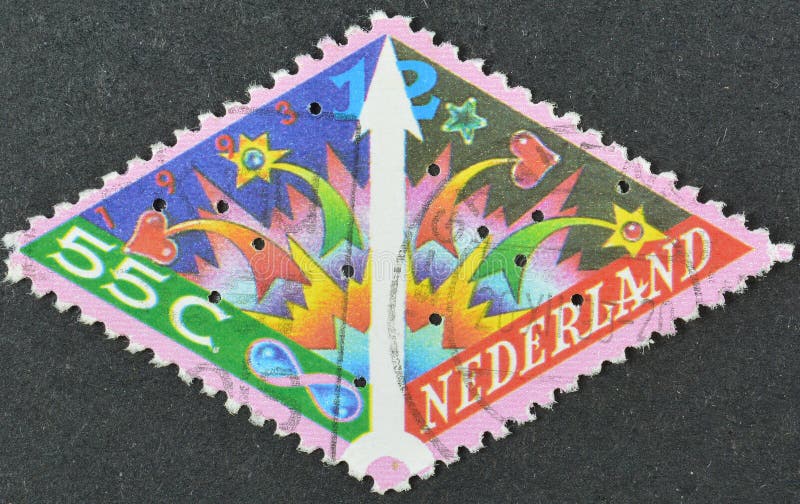Cancelled Postage Stamp Printed by Netherlands, that Shows Fireworks ...