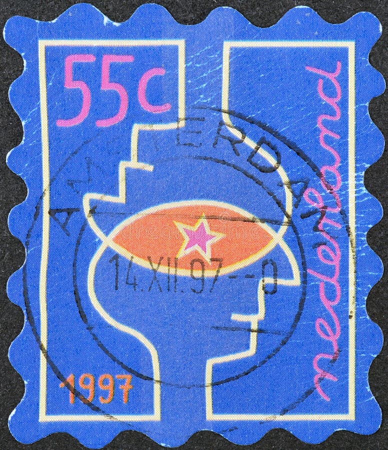 Cancelled Postage Stamp Printed by Netherlands, that Shows Heads and ...