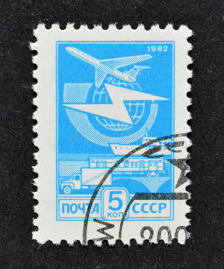 Cancelled Postage Stamp Printed by USSR, that Shows Postal Transport ...