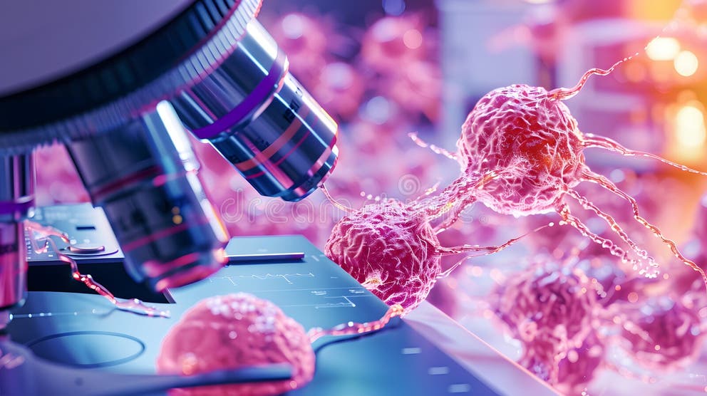 Cancer Cell Microscopy, Research Lab Where Cancer Cells. Stock ...