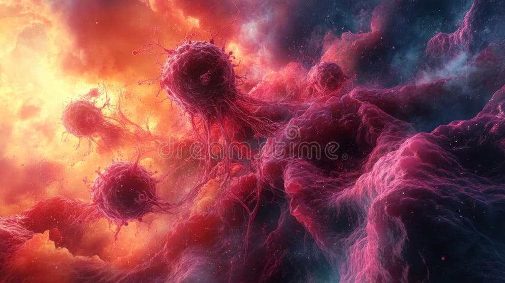 Cancer Cells Exploding in a Fiery Cosmic Nebula Stock Illustration ...