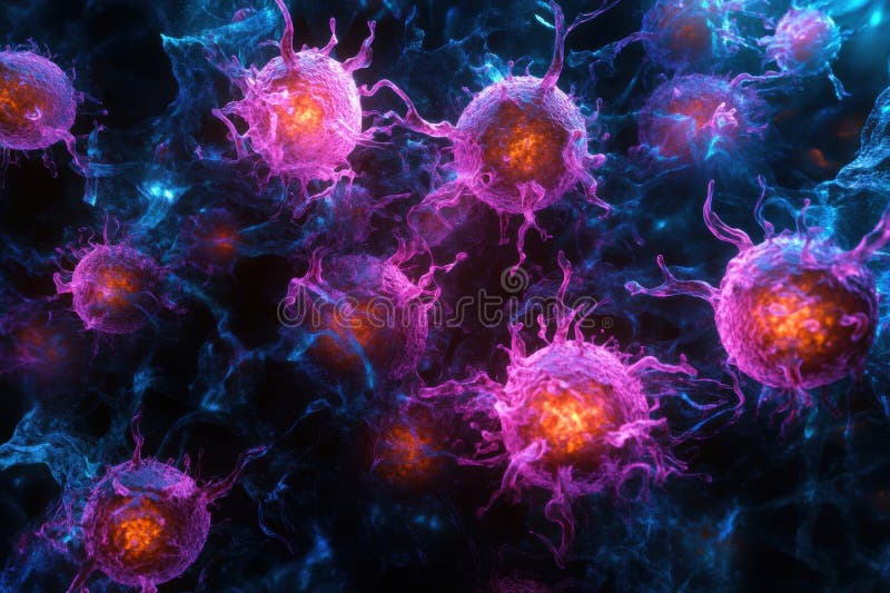 Cancer Cells Illuminated with Glowing Edges Showcasing Cellular ...