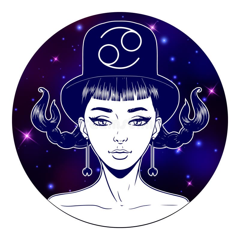 Cancer Zodiac Sign Artwork Beautiful Girl Face Horoscope Symbol Star
