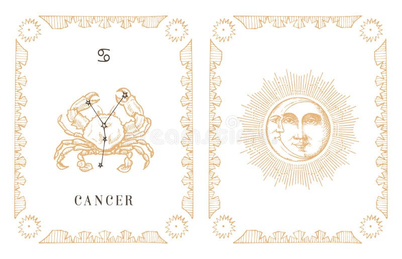 Cancer Zodiac Symbol And Constellation Old Card Stock Vector