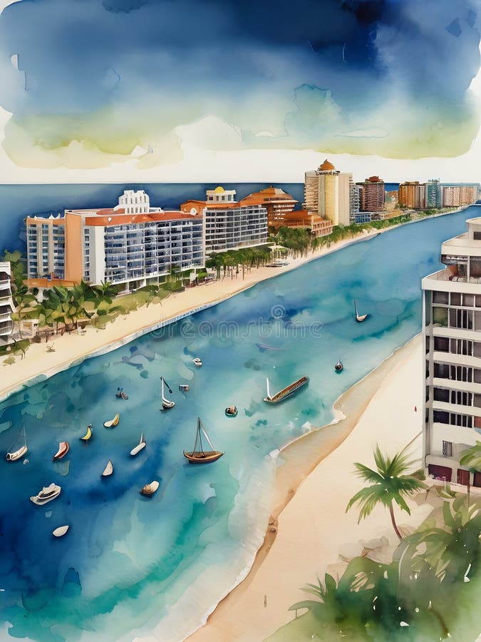 Cancun City Mexico Watercolor Art Stock Illustration - Illustration of ...