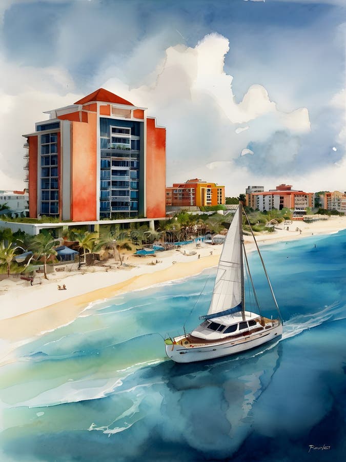 Cancun City Mexico Watercolor Art Stock Illustration - Illustration of ...