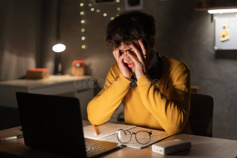 Candid of Young Male Student Work Late Night Stress Out with Project ...