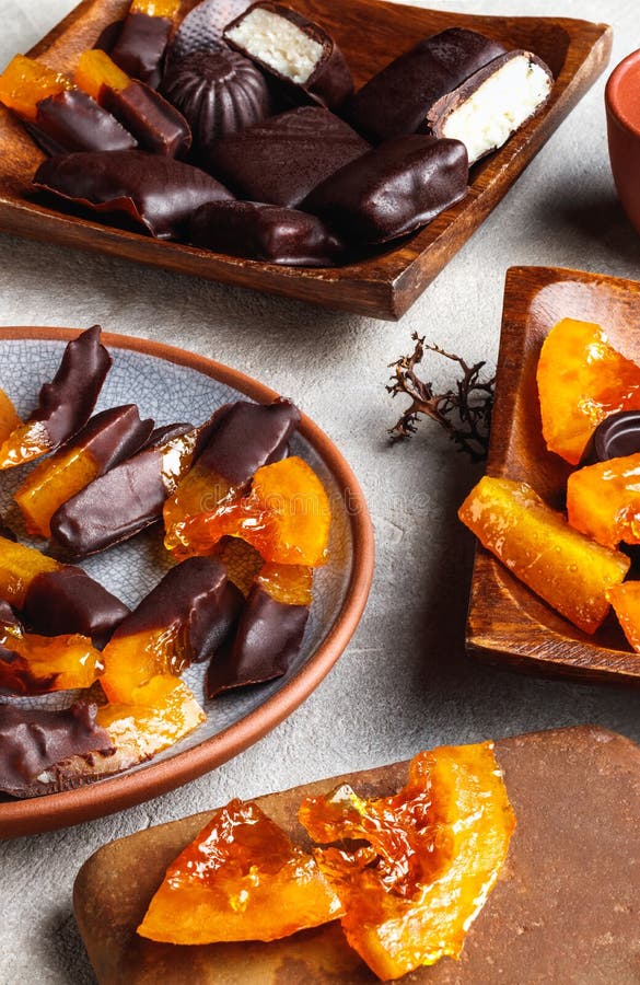 Candied Orange Slices in Chocolate. Various Chocolate Candies Stock ...