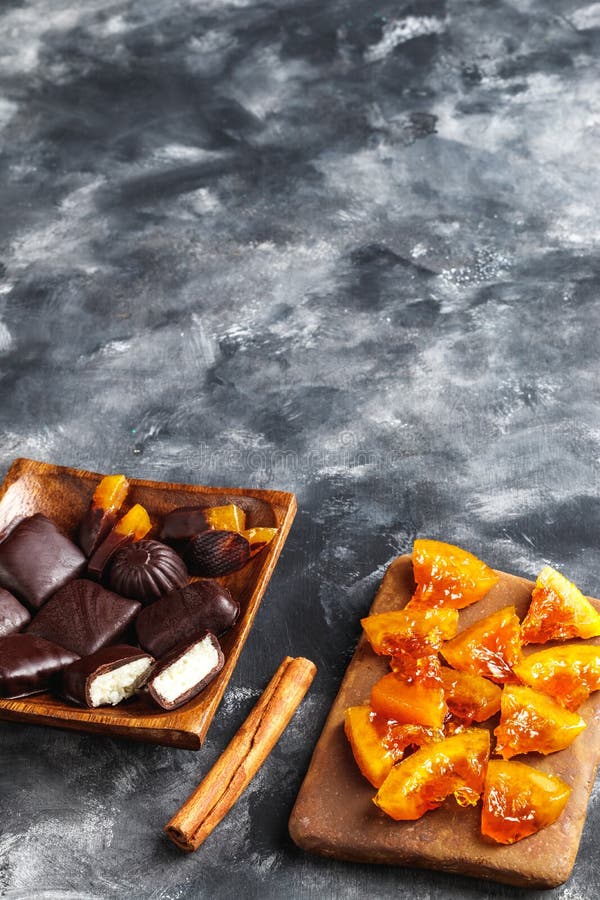 Candied Orange Slices in Chocolate. Various Chocolate Candies. with ...