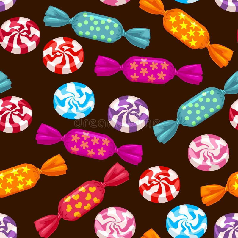 Candies in Colorful Wrappers on a Dark Background. Seamless Pattern ...