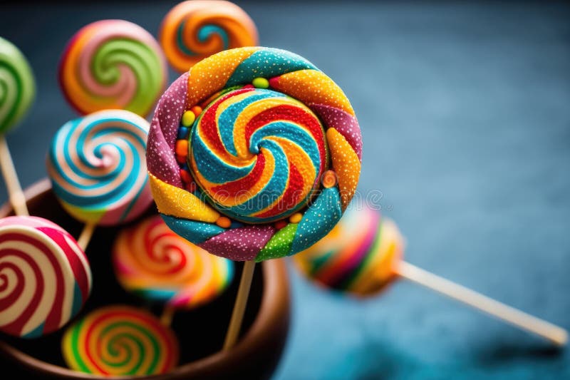 Candies with a Multicolored Swirl on a Stick. Colorful Spiral Candy ...