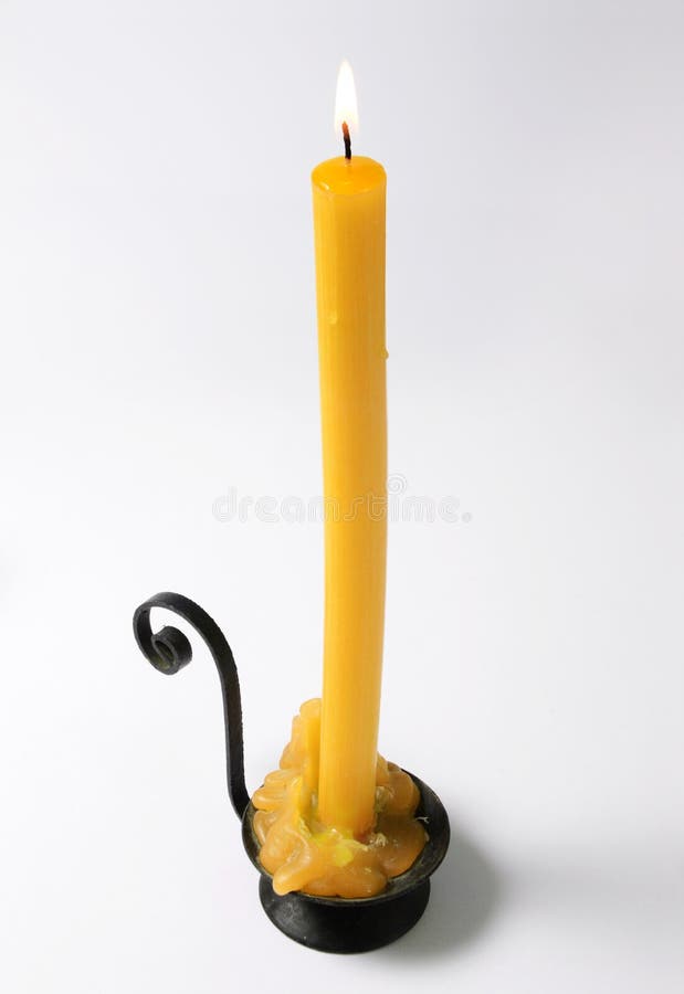 Burning Old Candle Vintage Bronze Candlestick. Isolated on a White ...