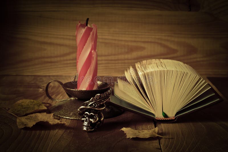 Candle and Book on a Wooden Table Stock Image - Image of book ...