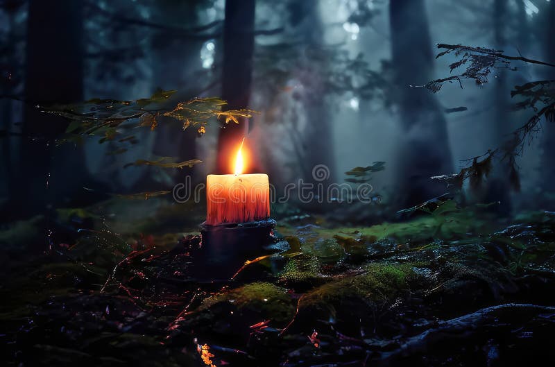 Candle Burning in the Dark Forest Stock Photo - Image of tree, pagan ...