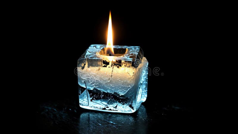 Candle Burning Inside Melting Ice Cube on Black Background Stock ...