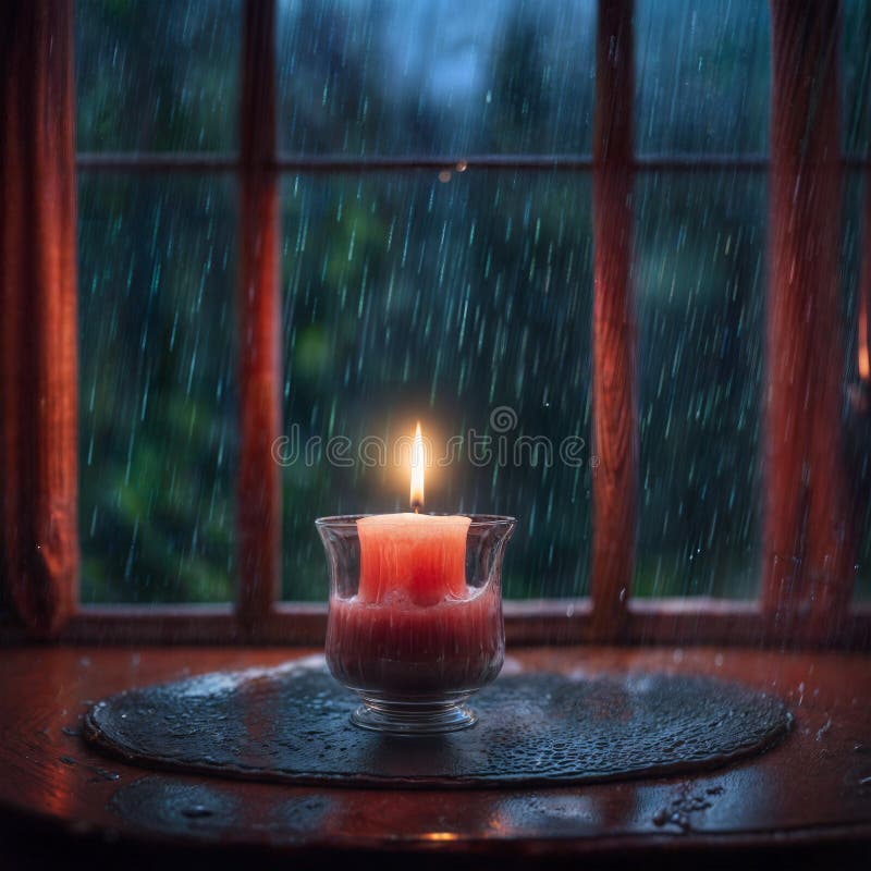 Candle Burns Brightly Next To a Rain-wet Window and a Dimly Lit Nature ...