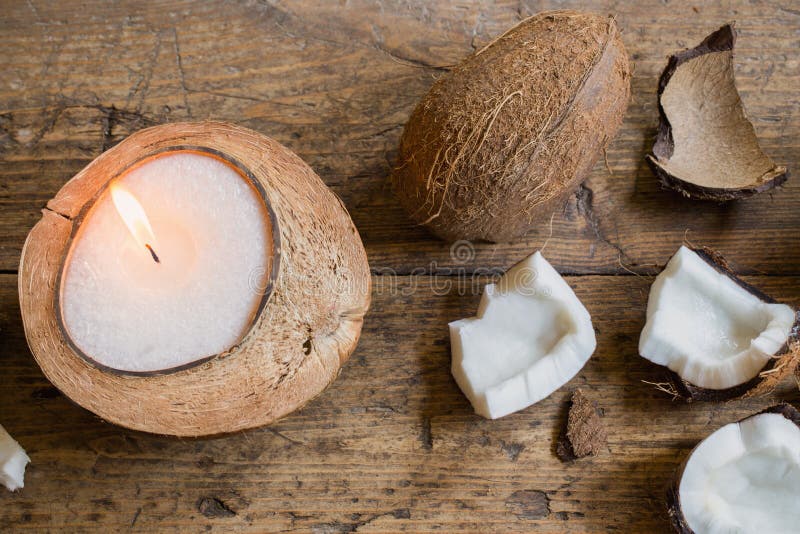 Candle in a coconut shell stock photo. Image of nature - 55836792