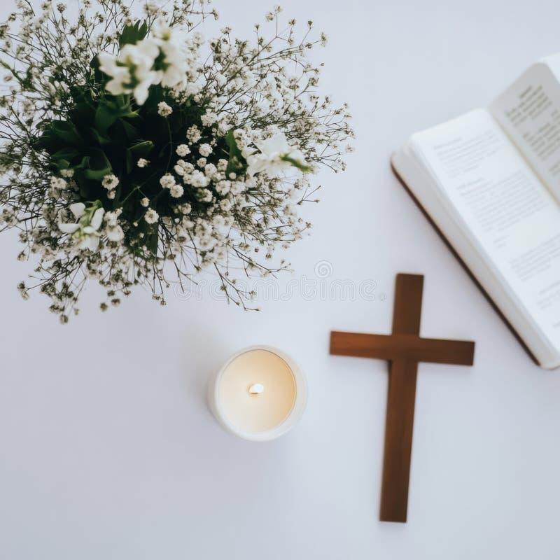 Candle and Cross on Table beside a Book, Symbolizing Reflection and ...