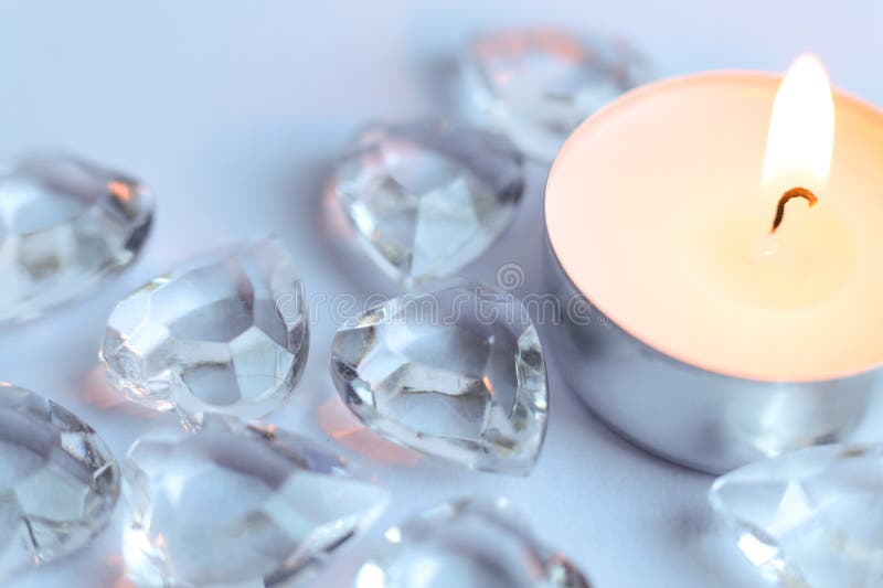 Candle and Crystal Stones on White Background. Copy Space for Text ...