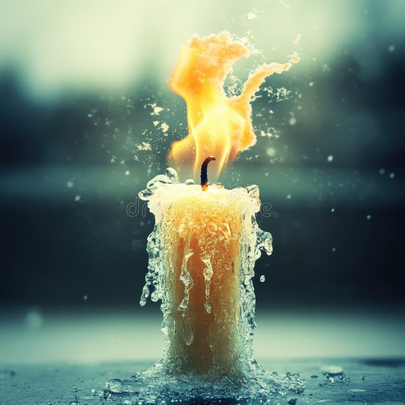 Candle Flame with Splashing Water, Contrast of Fire and Ice Stock Photo ...