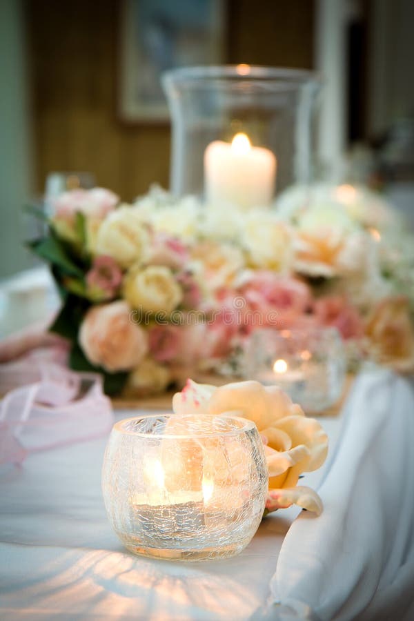 Candle with Flowers on Bridal Table Wedding Theme Stock Image - Image ...