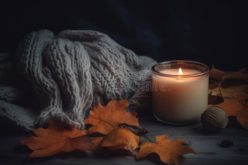 Candle, Gray Plaid and Yellow Leaves, Cozy Autumn Background ...