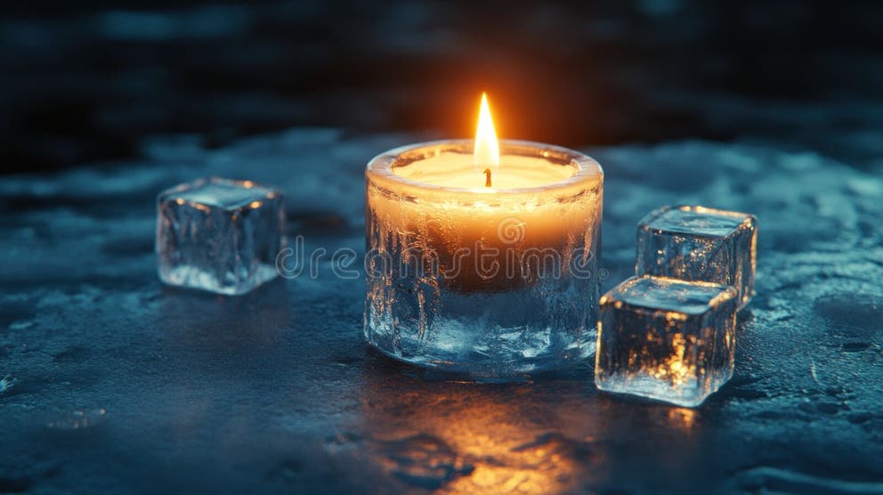 Candle in Ice Holder Surrounded by Melting Ice Cubes Stock Illustration ...
