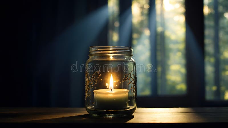 A Glowing Candle Inside a Jar Casts Warm Light in a Serene Room during ...