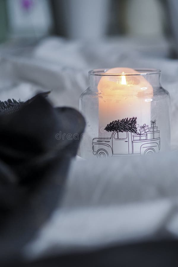 Candle in Jar with Drawing, on Bed Stock Photo - Image of decoration ...
