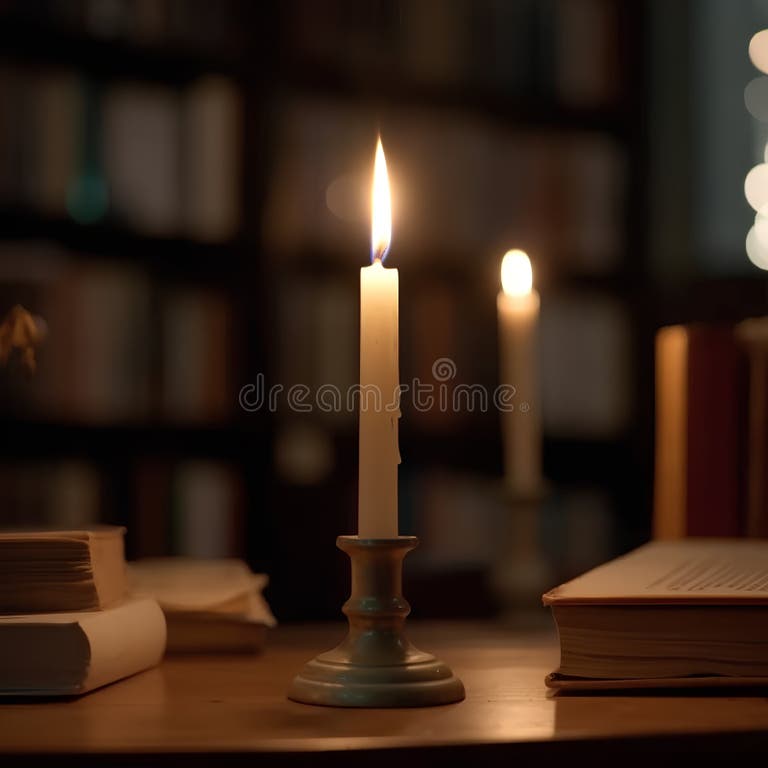 Candle in the Library with Books on the Bookshelf. Stock Illustration ...