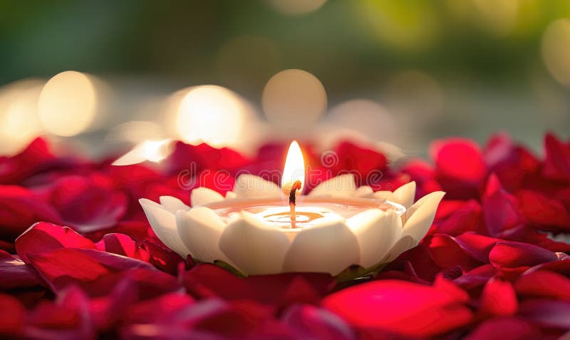 A Candle is Lit in a Bed of Red Rose Petals Stock Photo - Image of ...