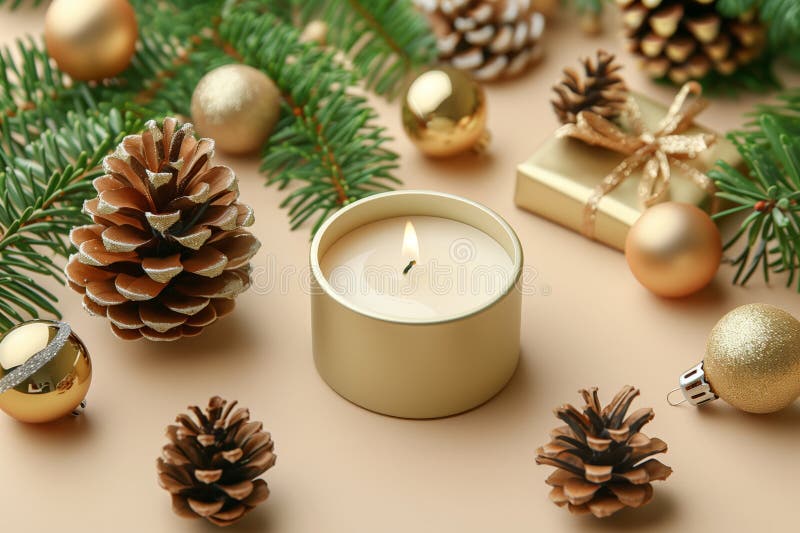 A Candle is Lit in a Gold Container on a Table with Pine Cones Stock ...