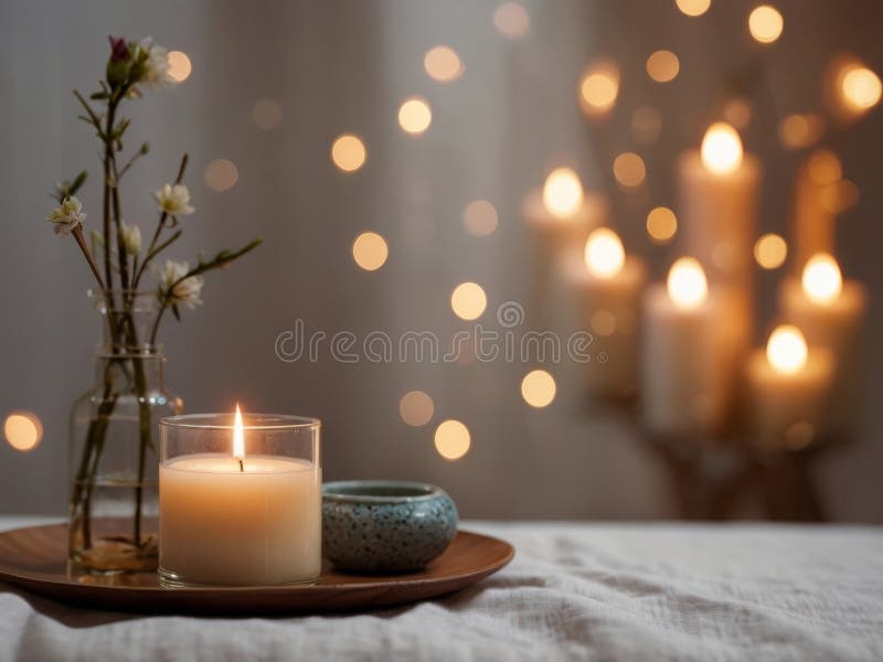 A Candle is Lit on a Table with a Vase and Some Other Objects. Stock ...