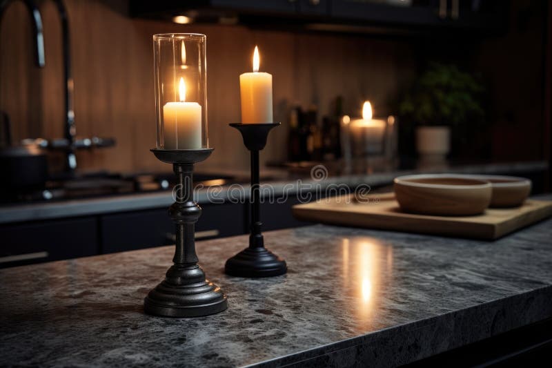 A Candle on a Metallic Stand Casting Light on a Dark Kitchen Countertop ...