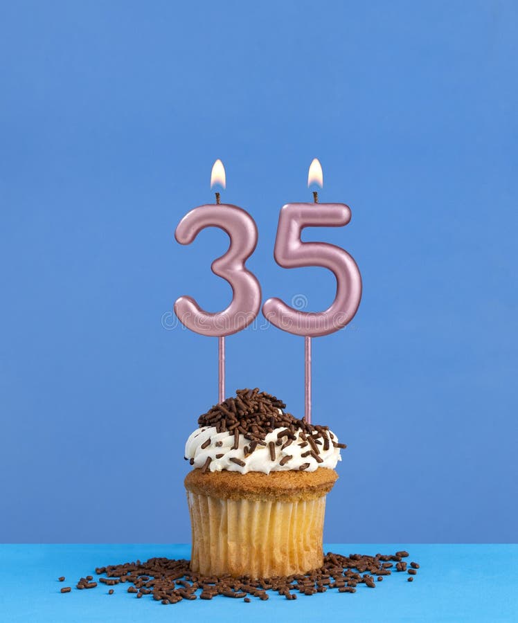 Candle Number 35 - Birthday Card with Cupcake on Blue Background Stock ...