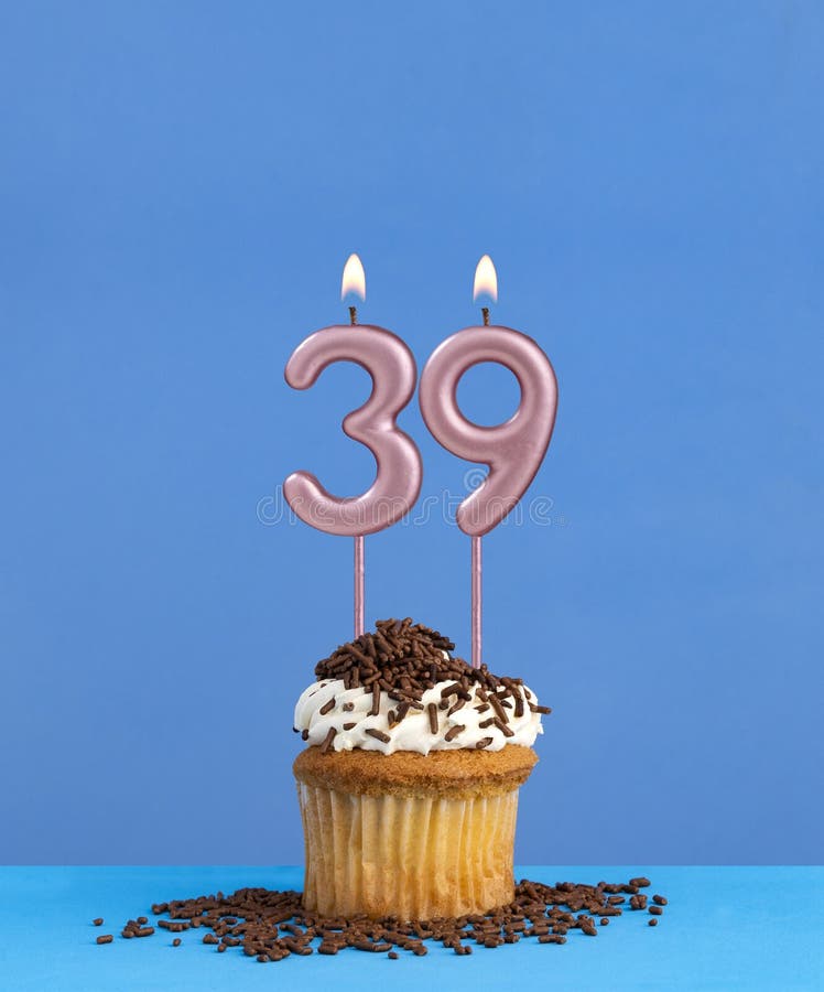 Candle Number 39 - Birthday Card with Cupcake on Blue Background Stock ...