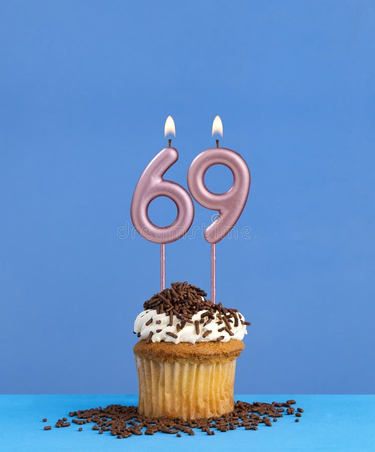Candle Number 69 - Birthday Card with Cupcake on Blue Background Stock ...