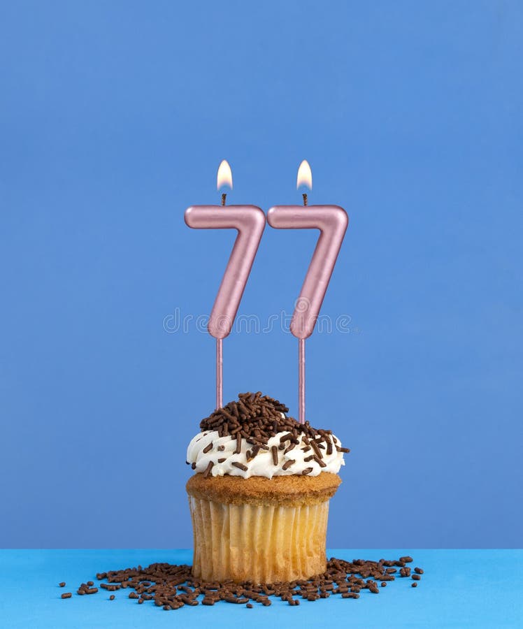 Candle Number 77 Birthday Card Cupcake Blue Background Stock Photos ...