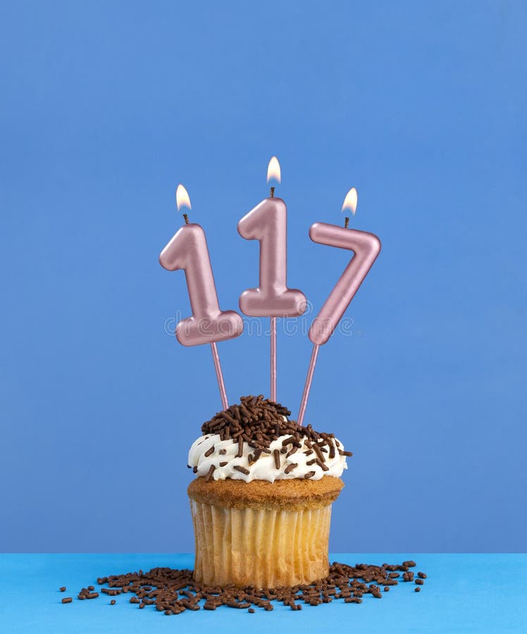 Candle Number 117 - Birthday Card with Cupcake on Blue Background Stock ...