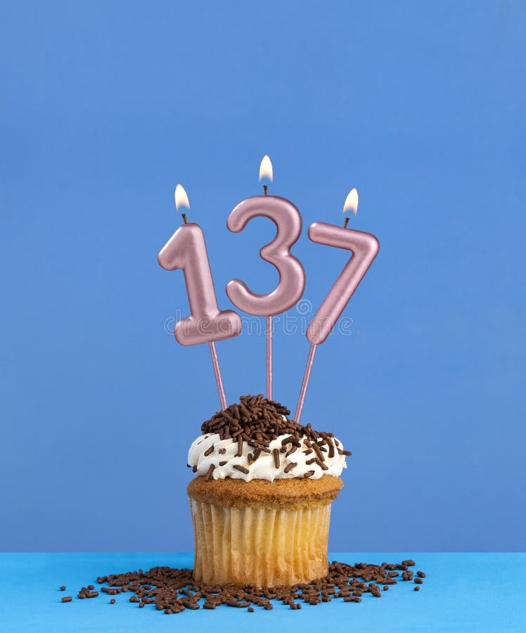 Candle Number 137 - Birthday Card with Cupcake on Blue Background Stock ...