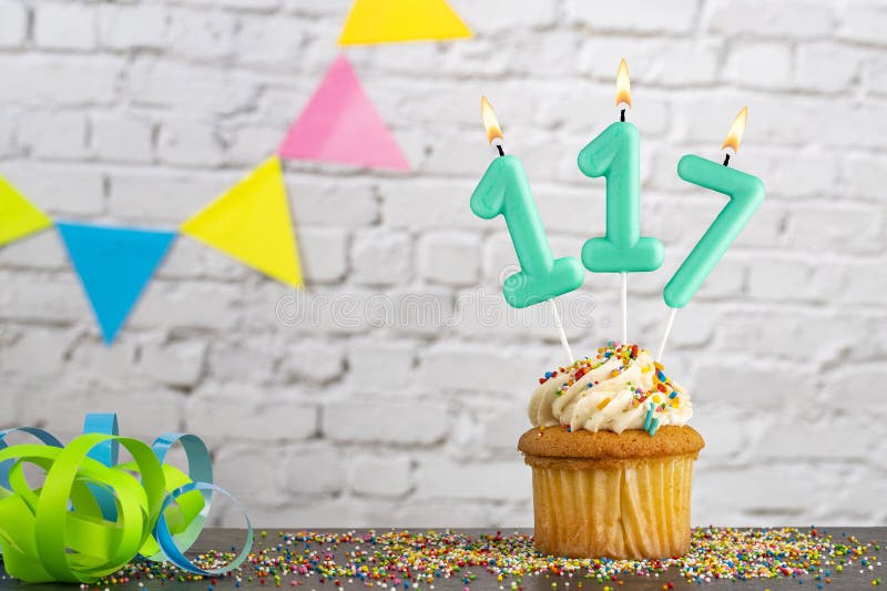 Candle Number 117 - Birthday Celebration with Cupcake Stock Image ...