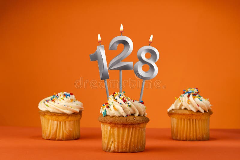 Candle Number 128 - Celebration with Birthday Cupcake on Orange ...