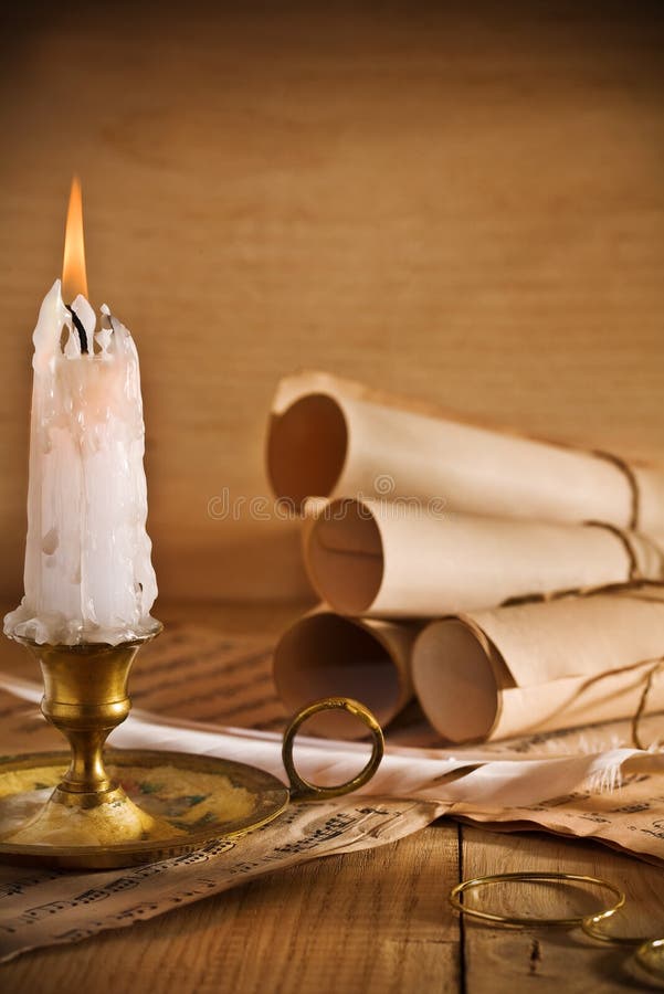 Antique Parchment Paper Roll by Old Candle Light Stock Image - Image of ...