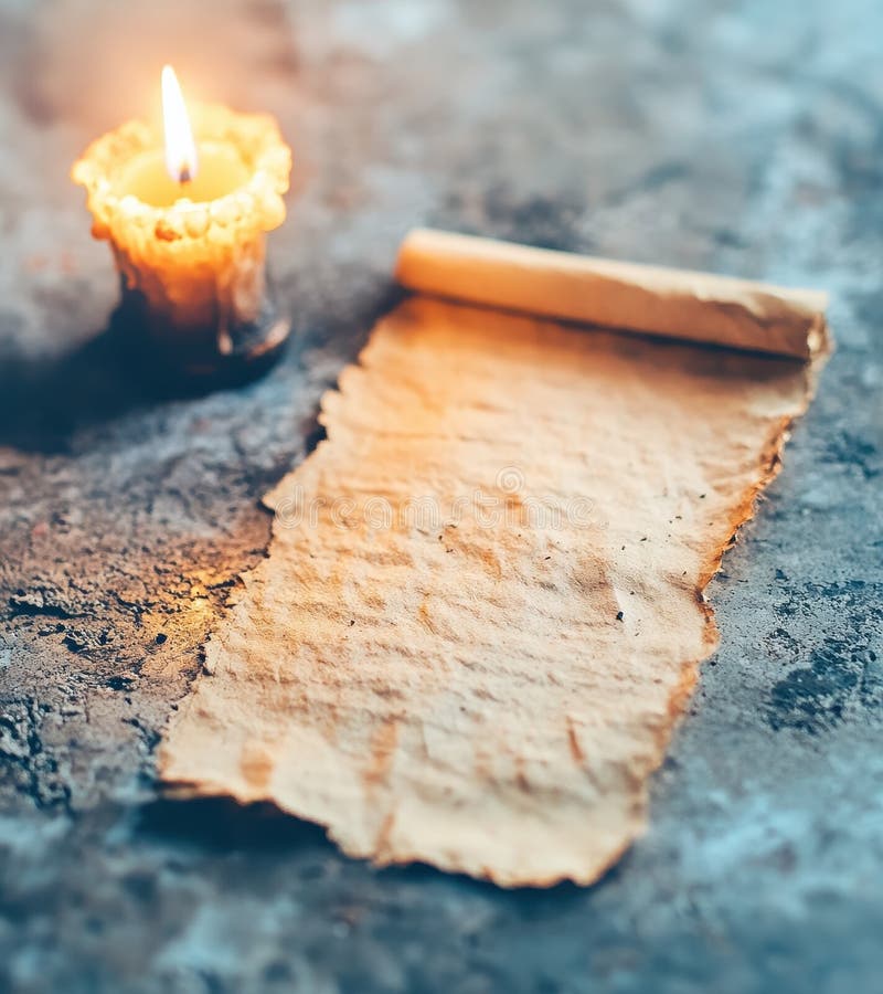 Candle and Parchment Scroll on Textured Surface, Vintage Writing Stock ...