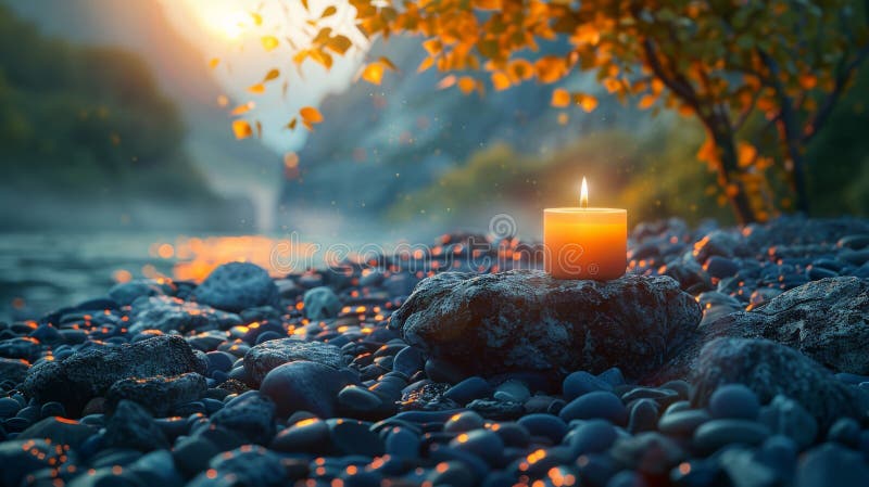 Candle on Riverbank during Autumn Sunset, Tranquil Nature Scene Concept ...