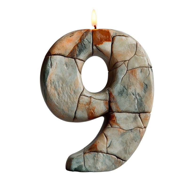 Candle in the Shape of the Number Nine with a Cracked Stone Texture and ...