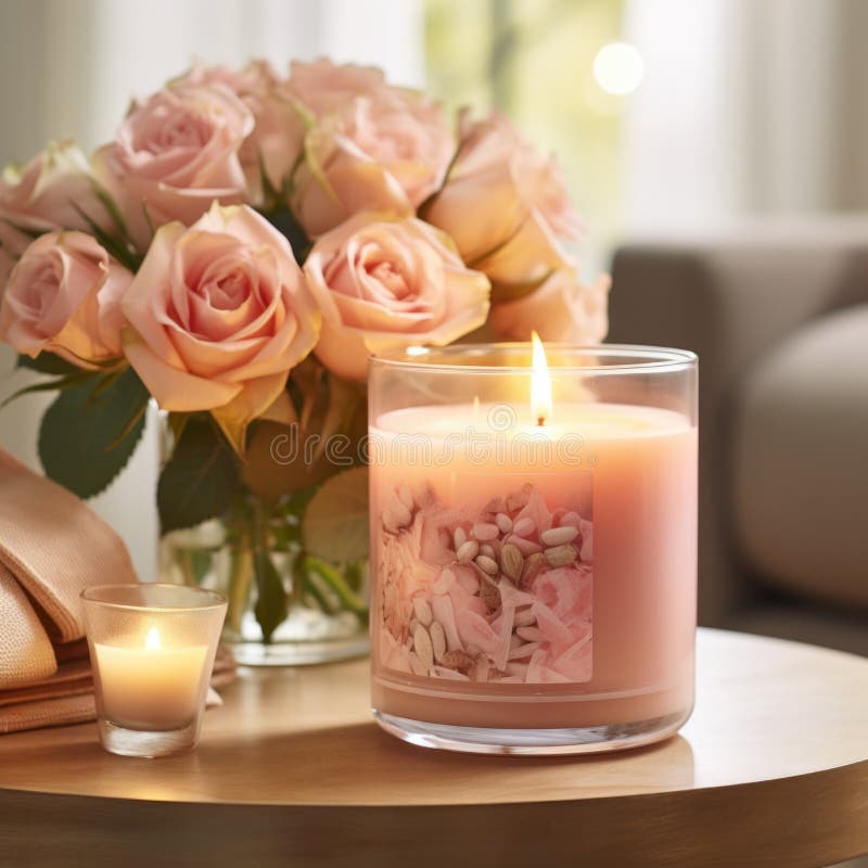 A Candle Sitting on a Table with Flowers and a Vase, AI Stock Image ...