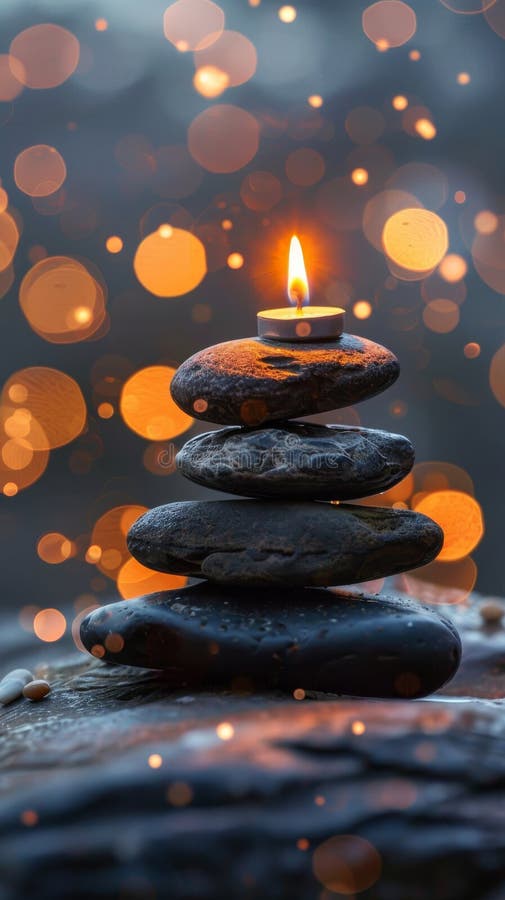 Candle on a Stack of Stones with Bokeh Lights, Meditation and ...